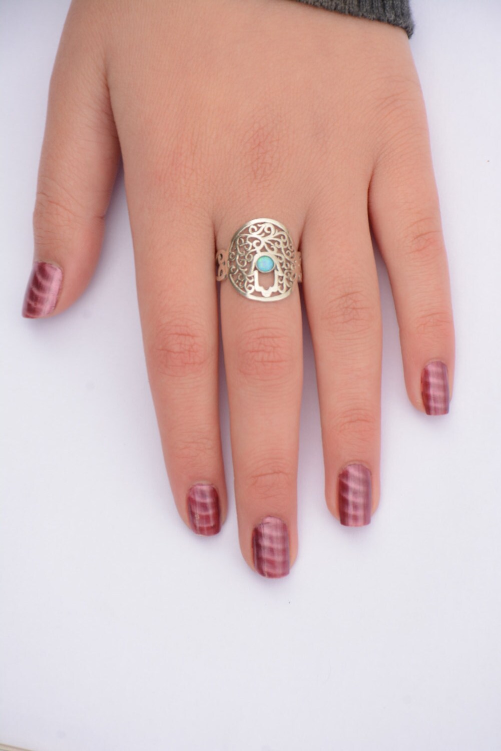Sterling silver hamsa ring with opal round cut surface