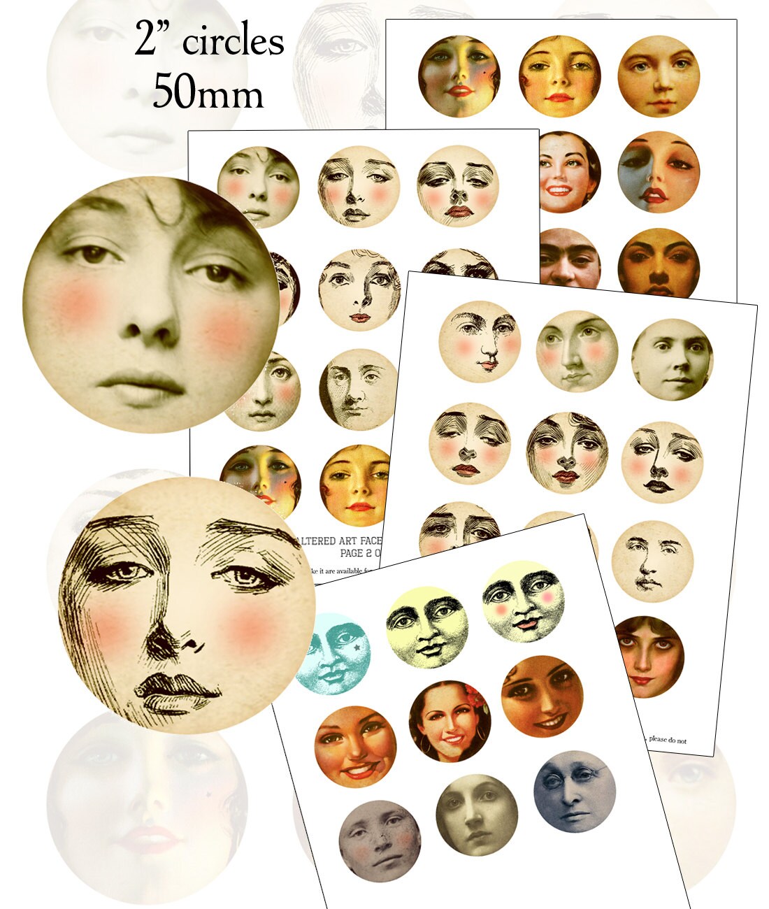 Altered Art Faces Digital Collage sheet set FOUR PAGES 2 inch
