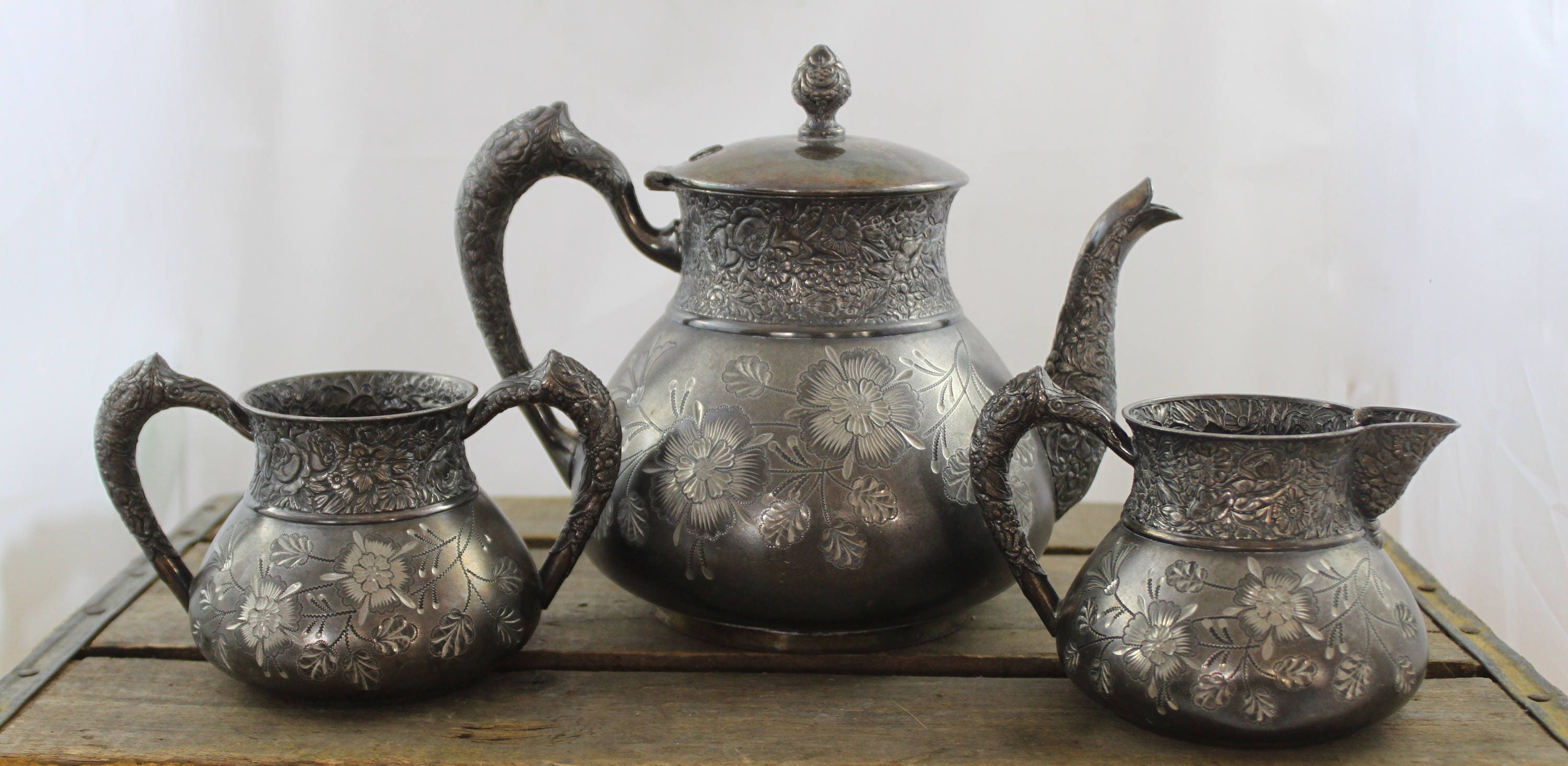 Beautiful Vintage Embellished Repousse Flowers Three Piece