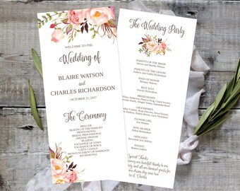 Wedding Program Template Printable / Editable 4x9 Fall