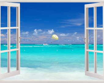 Tropical beach wall sticker 3D window boat wall decal for