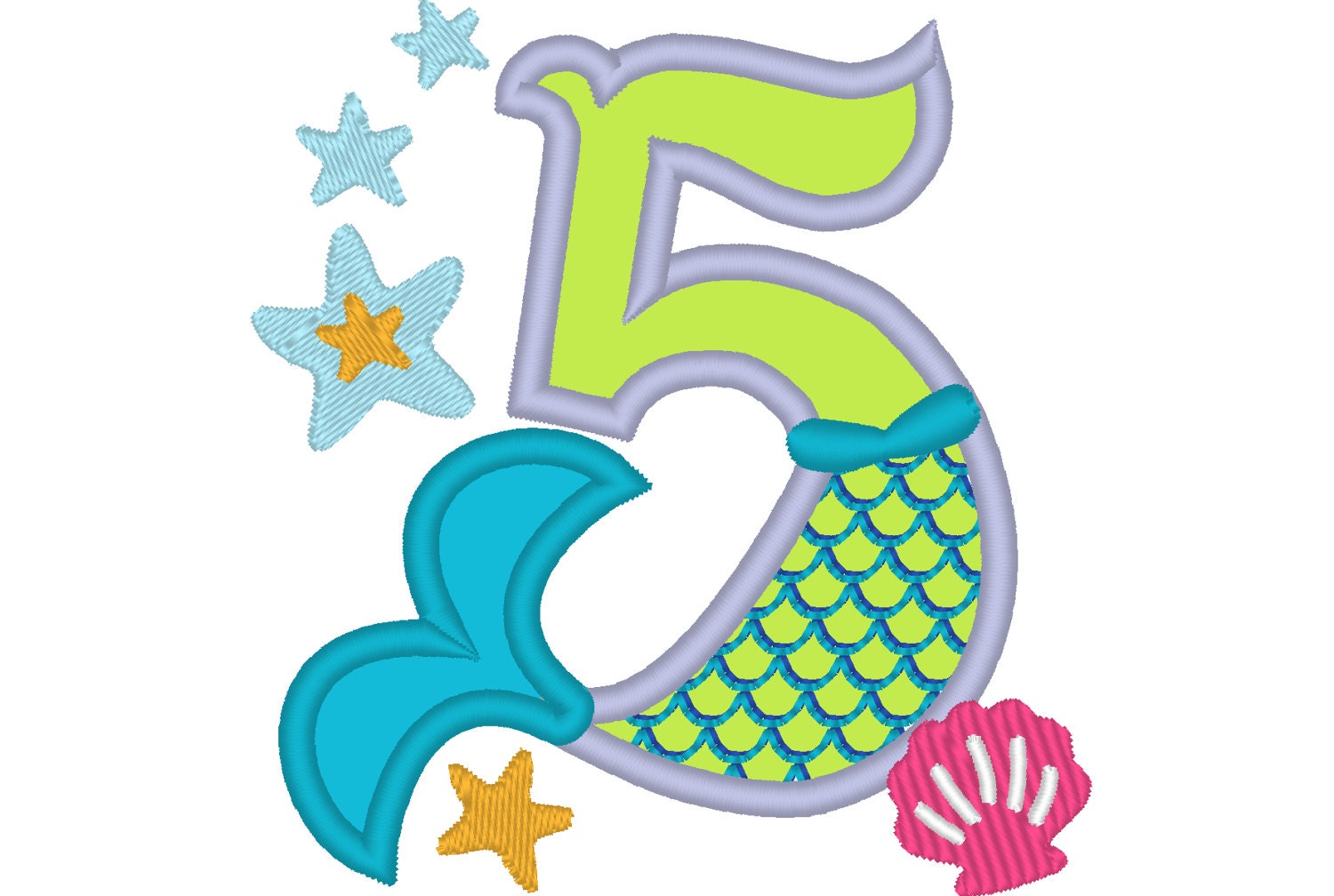 Mermaid Tail Birthday number Mermaid number FIVE 5 applique
