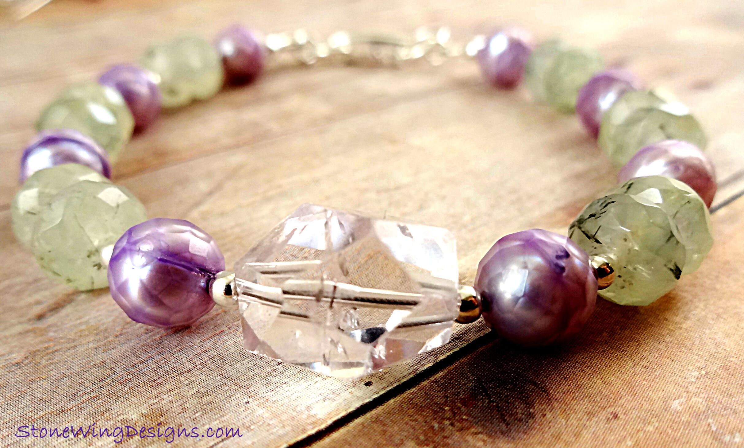 Amethyst, Prehnite and Faceted Lavender Pearl Bracelet