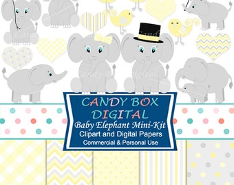 Navy Gray Elephant Clip Art. Boy Baby Shower Digital Paper