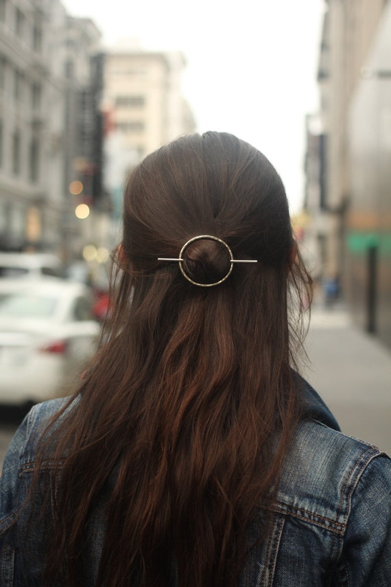 Open circle hair slide silver hair clip hammered brass hair
