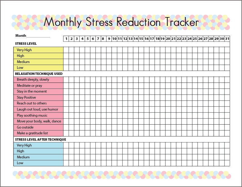 Stress Reduction Tracker Printable Journal Chart Guide with 10