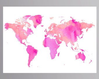 World Map Canvas Pink and Purple Watercolor World Map