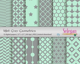 Mint Digital Paper Pack Grey Digital Scrapbook Paper Chevron