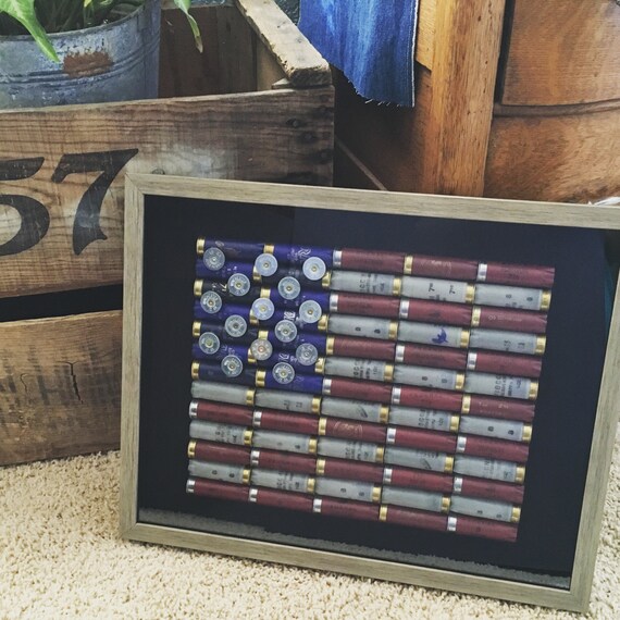 Shotgun Shell American Flag in a faux barnwood shadowbox
