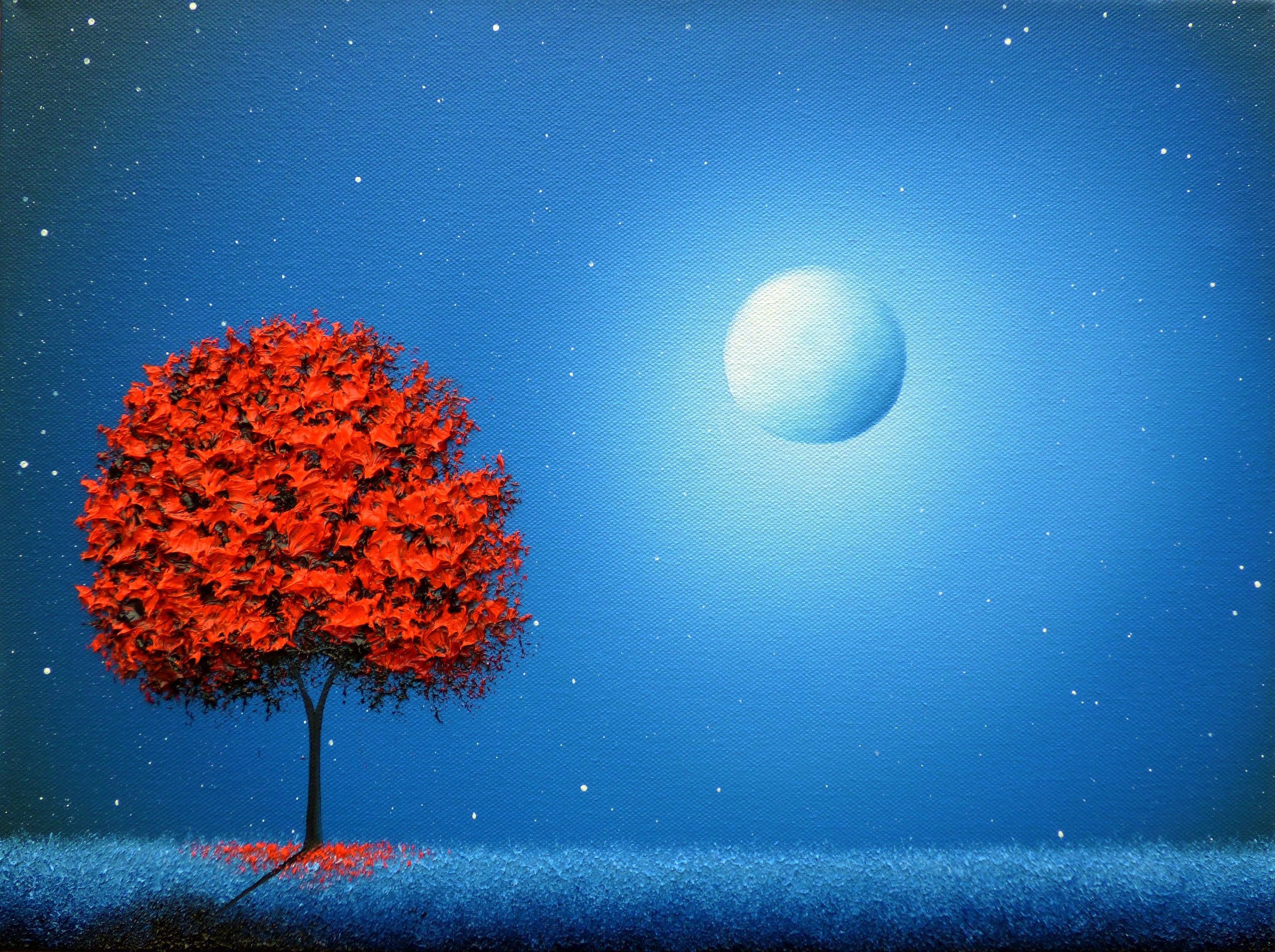 Red Tree Art Print Blue Night Modern Art Tree at Night Full