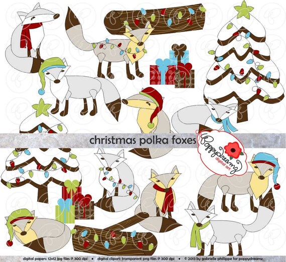 Christmas Polka Foxes Clipart: 300 dpi transparent png Fox