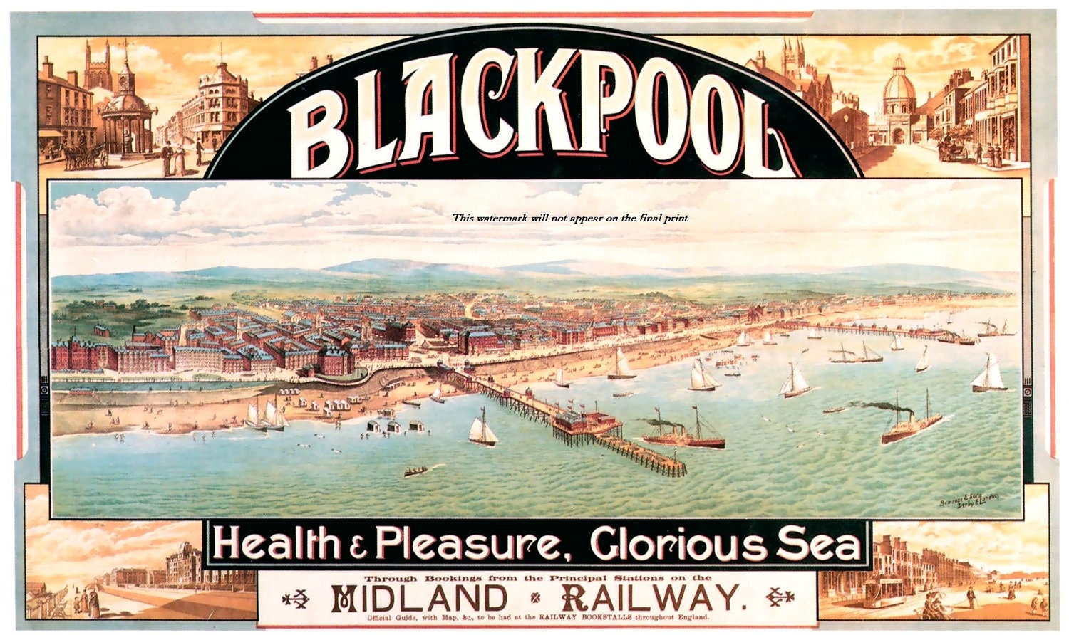 Blackpool England Travel Poster Victorian Seaside Resort