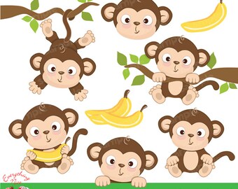 Cute Little Monkey Girl Clipart Set