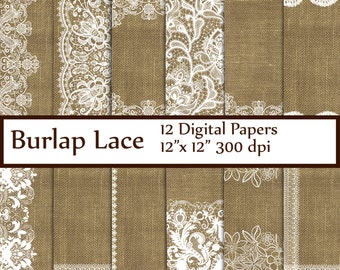 Burlap Lace Wedding digital paper: BURLAP LACE 2