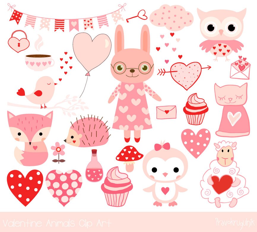 Cute Valentine animal clipart Pink kawaii animal clip art
