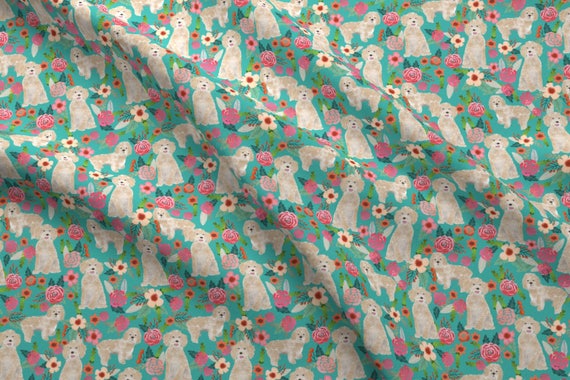 Cockapoo Fabric Cockapoo Florals Cream White Dog Turquoise