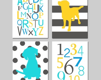 Navy Blue Lime Green Puppy Dog Nursery Art Set of Four 8x10