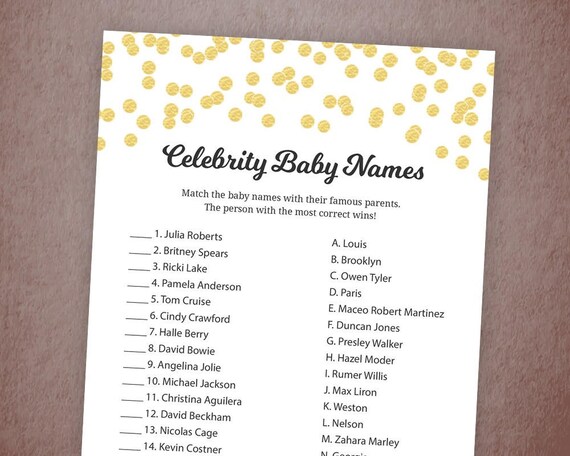 Celebrity Baby Name Match Game Printable Gold Confetti Baby