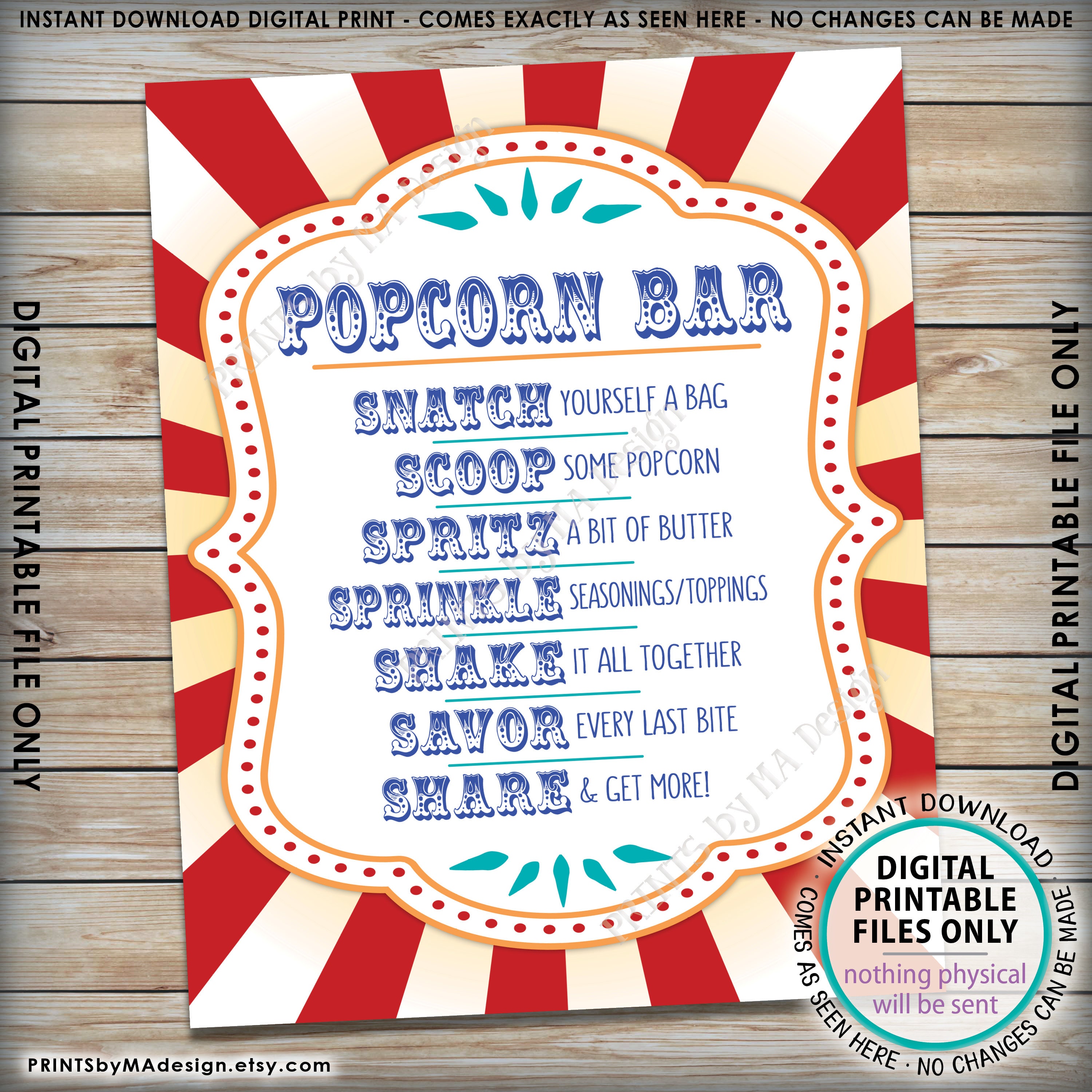 Popcorn Bar Sign, Carnival Themed Popcorn Bar Directions, Circus ...