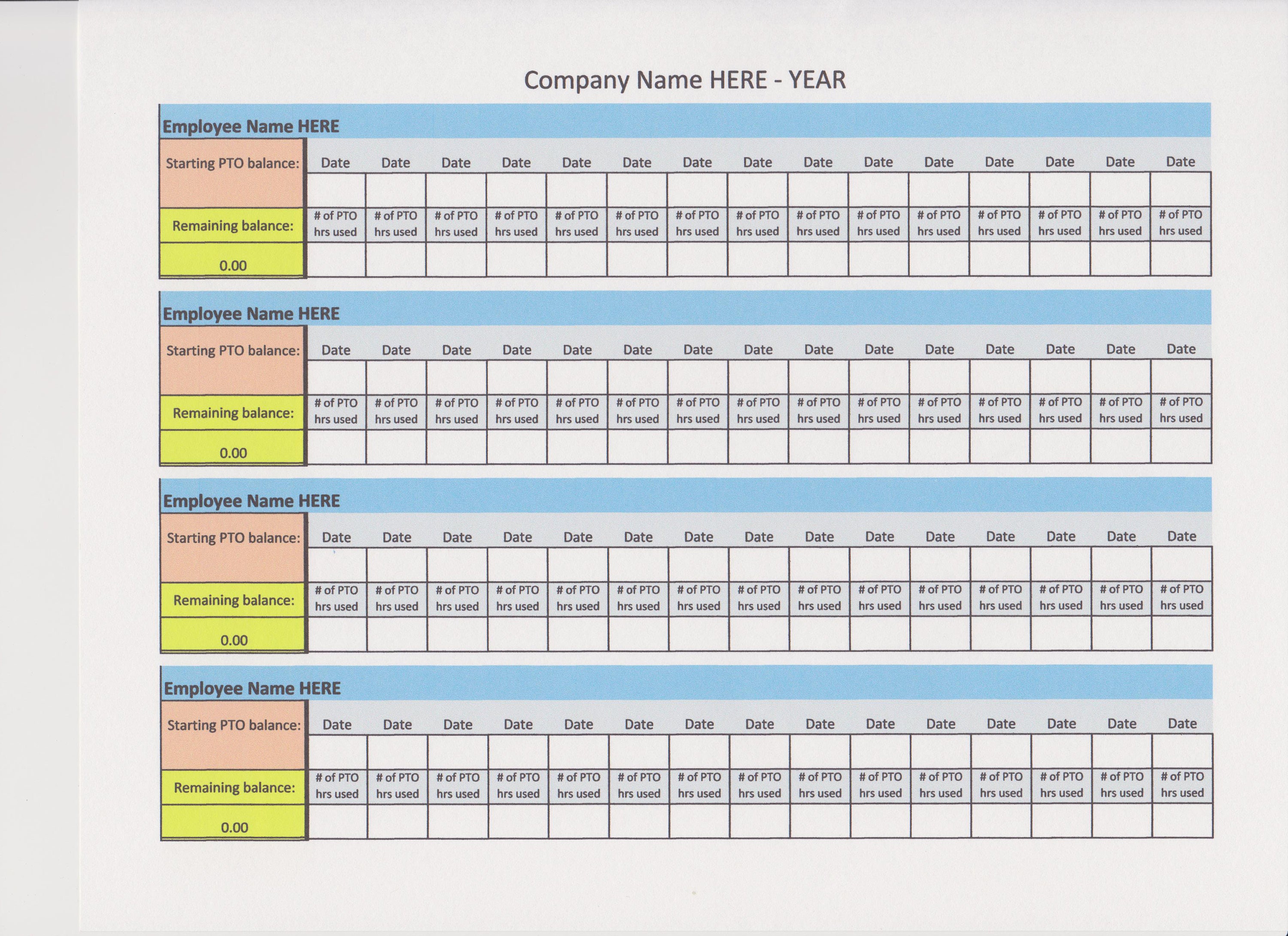 PTO Log Paid time off 20 Employees Excel File