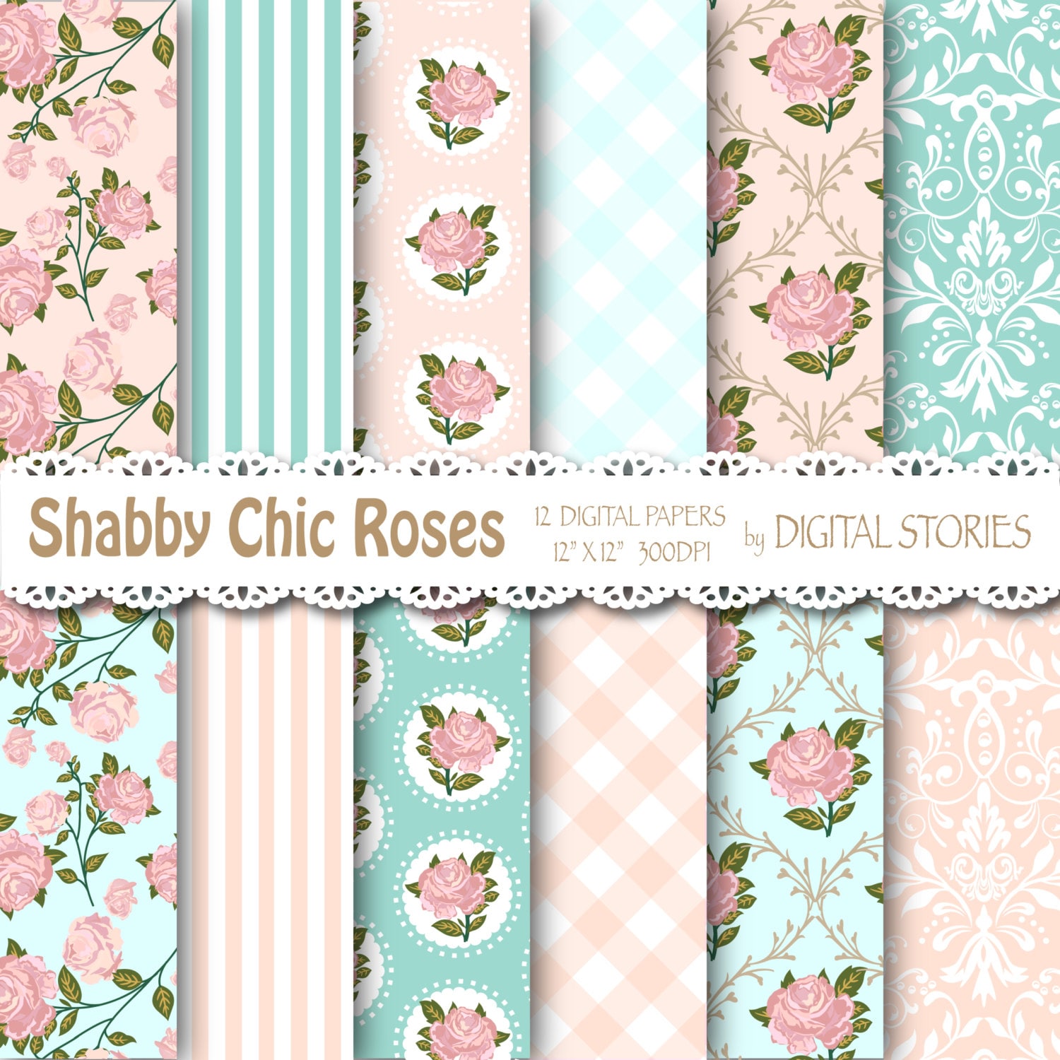 Shabby Chic Digital Paper: SHABBY TEAL PINK Floral