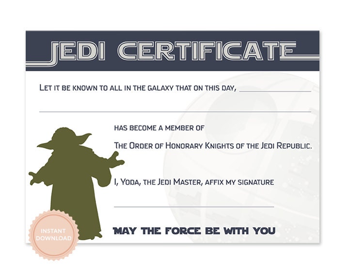 INSTANT DOWNLOAD Star Wars Jedi Certificate Yoda Star Wars