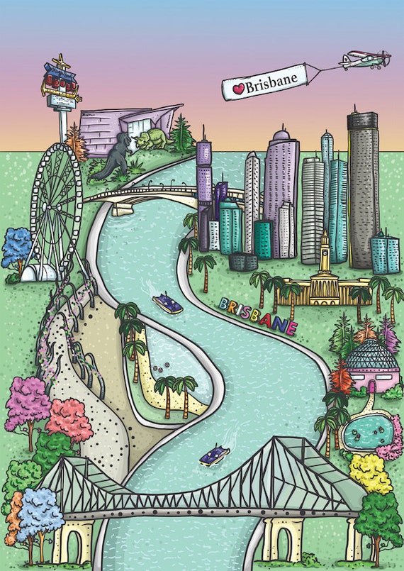 Map of Brisbane Pastel A4 Art Print by Hungry Designs