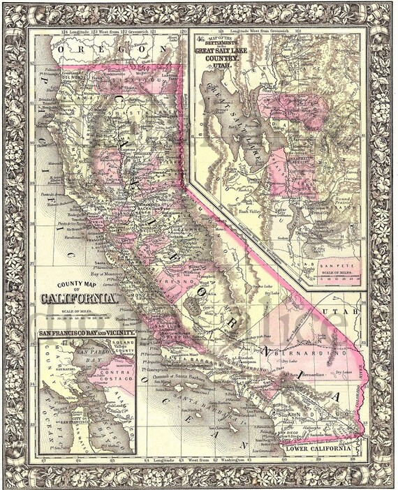 VINTAGE CALIFORNIA MAP 1866 Instant Download Digital