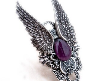Large Angel Wings Ring // Antique gold statement red ring