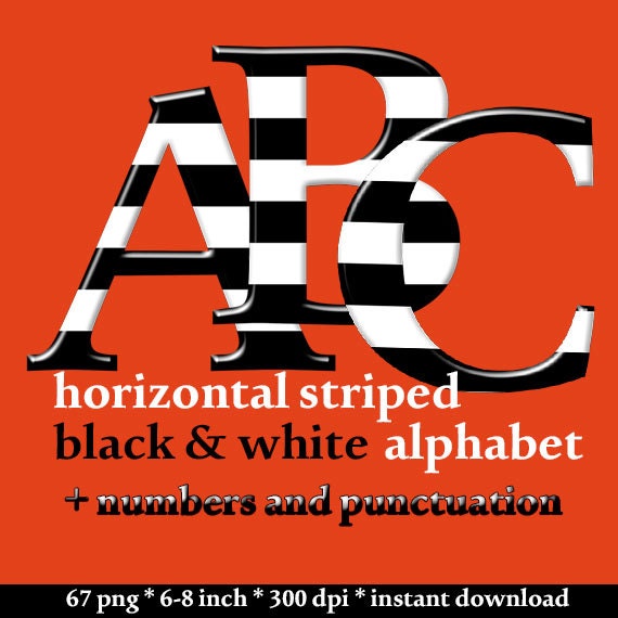Black and white horizontal striped digital alphabet clipart