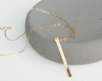 Gold Bar Necklace Long Vertical Gold Filled Rectangle