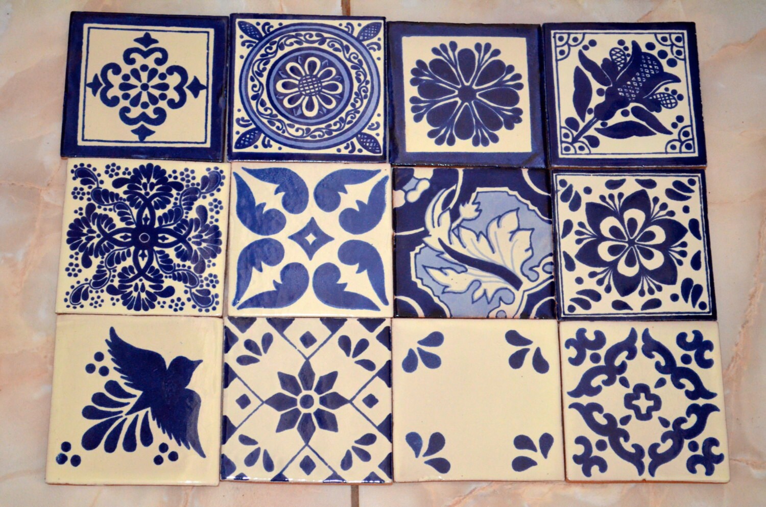 24 Mexican Talavera Tiles.Hand painted 4 X 4 Blue