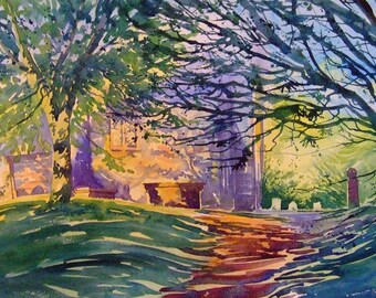 Original watercolor landscape painting Cornwall countryside