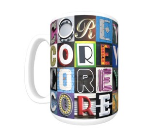 Personalized Coffee Mug featuring the name JOE in photos of