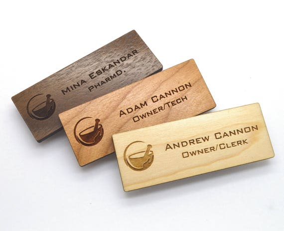 Wooden Name Tags Laser engraved with magnetic holder
