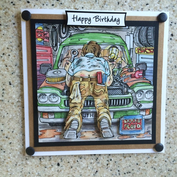 Handmade Happy Birthday 3D decoupage car mechanic card