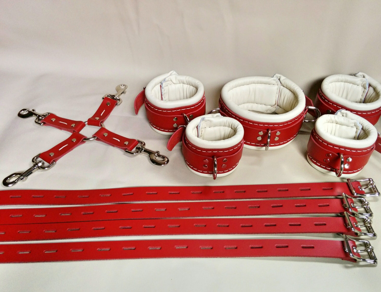 Red and White Bondage Cuffs Restraints BDSM Real Leather Heavy