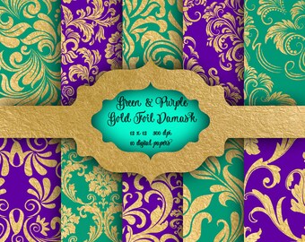 Gold Foil Damask Digital Paper Pack floral gold metallic