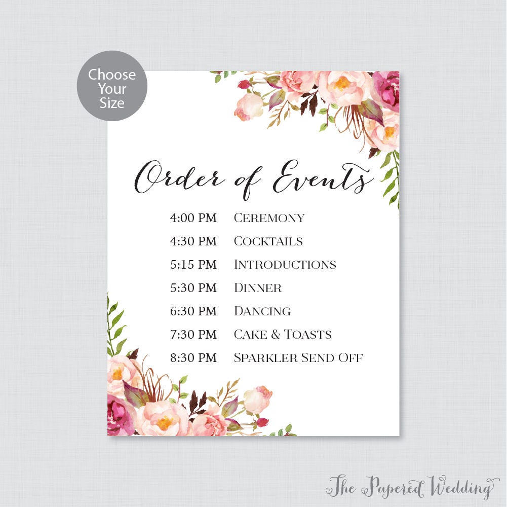 Printable Order Of Events Sign Pink Wedding Order Of Events Printable Order Of Events Sign Pink Wedding Order Of Events