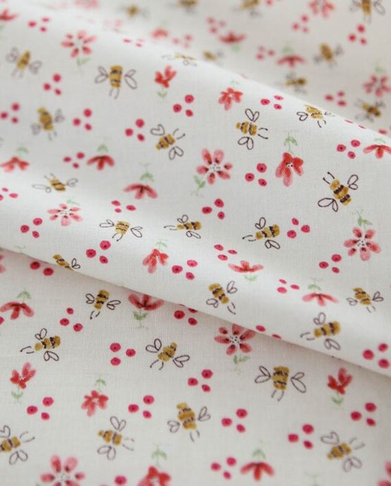 Honey Bees and Flower Pattern Cotton Fabric by Yard