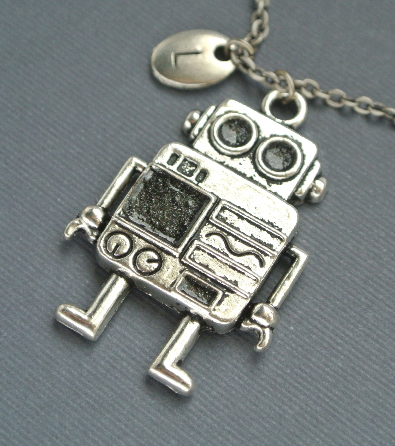 Robot Necklace Antique Silver Robot Charm JewelryInitial