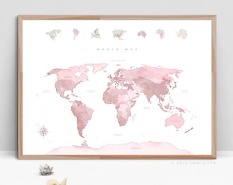 Pink world map | Etsy