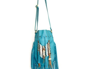 Boho leather bag turquoise fringe purse large size