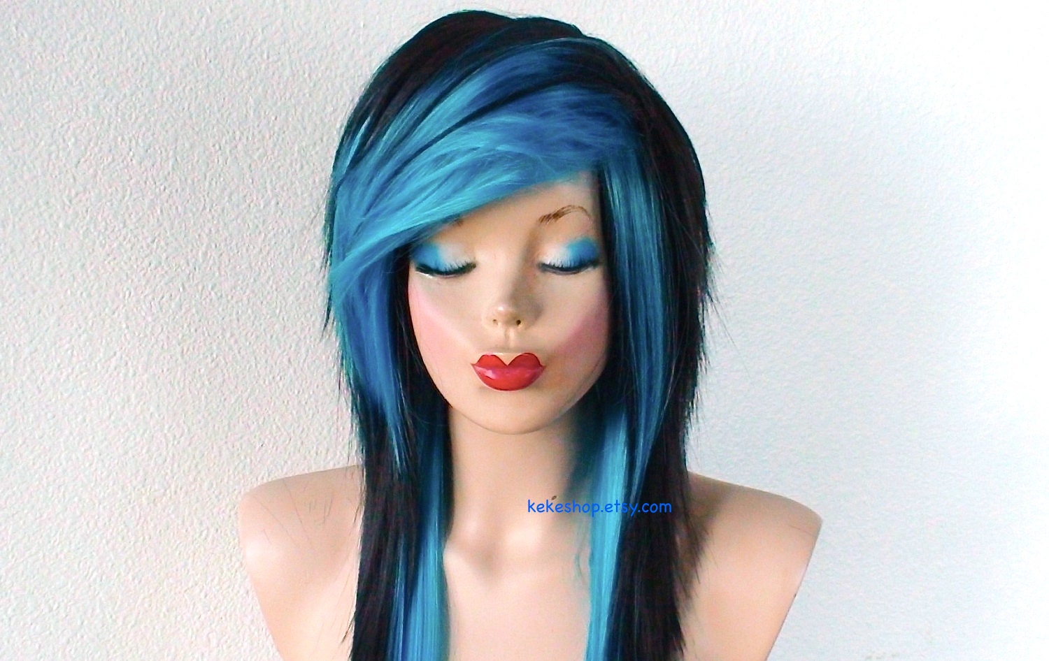 Scene wig. Emo wig. Black Turquoise Long layered hairstyle