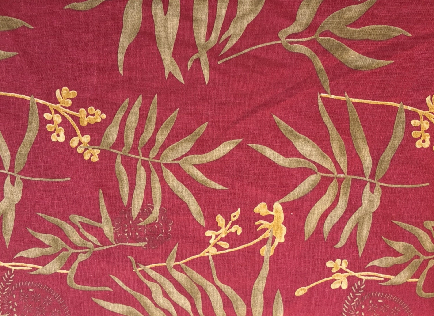 100% Linen Print Fabric By the Yard Oriental Motif Olive