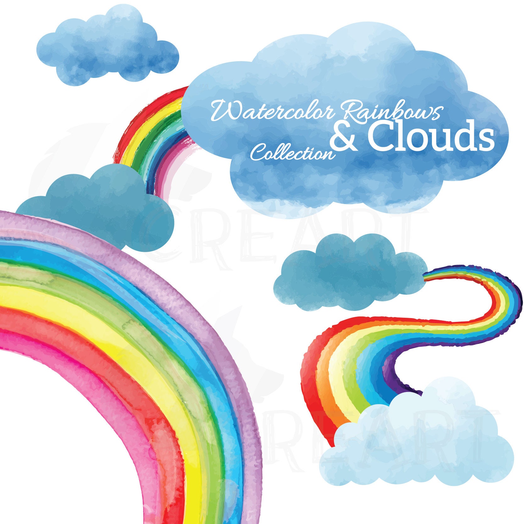 Watercolor rainbows and watercolour clouds clip art pack. Eps