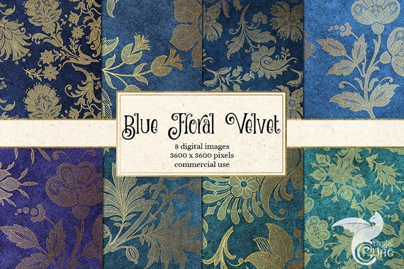 Blue Floral Velvet Digital Paper Sapphire Scrapbook Paper