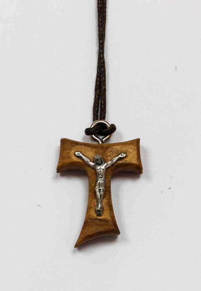 Tau Cross Jesus Crucifix Olive Wood on Brown Cord Necklace