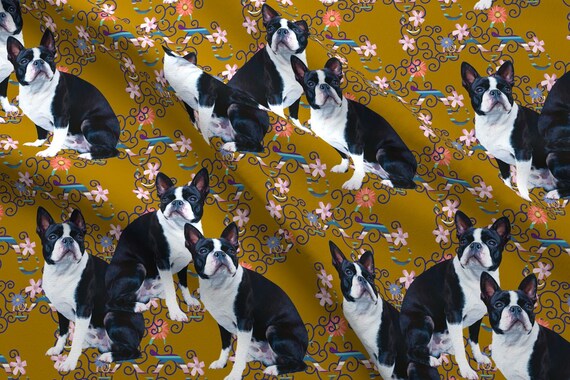 Floral Boston Terrier Fabric Boston Terriers Pattern By