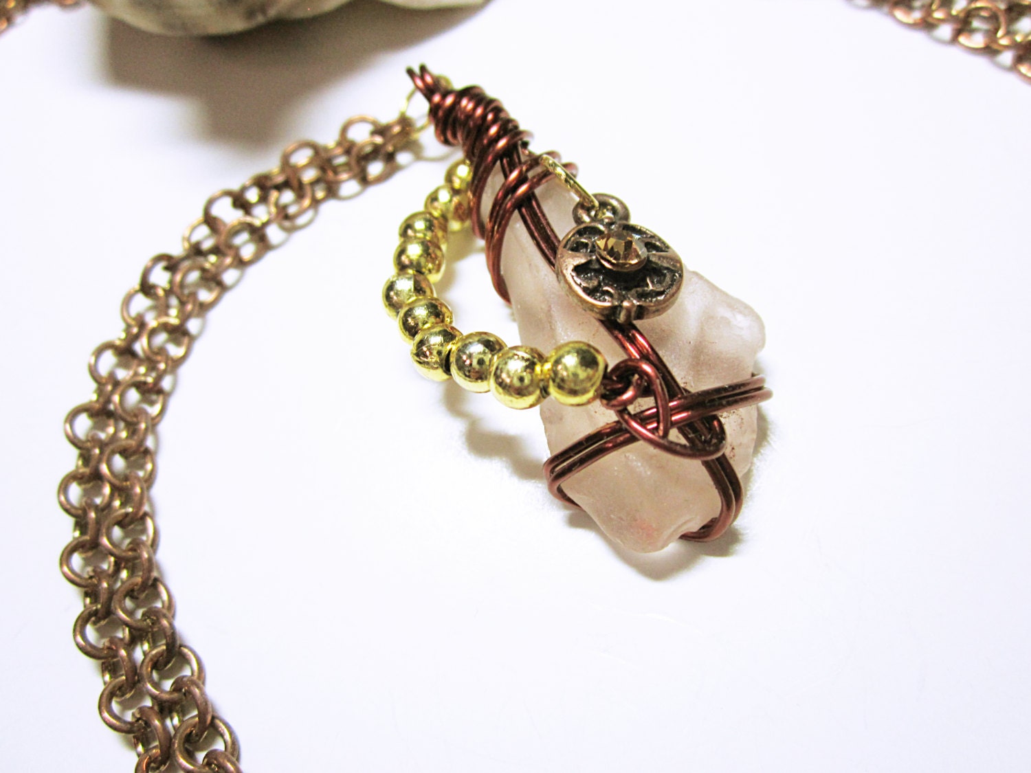 Pink Sea Glass Wire Wrapped Nautical Pendant Gold Beads Sea